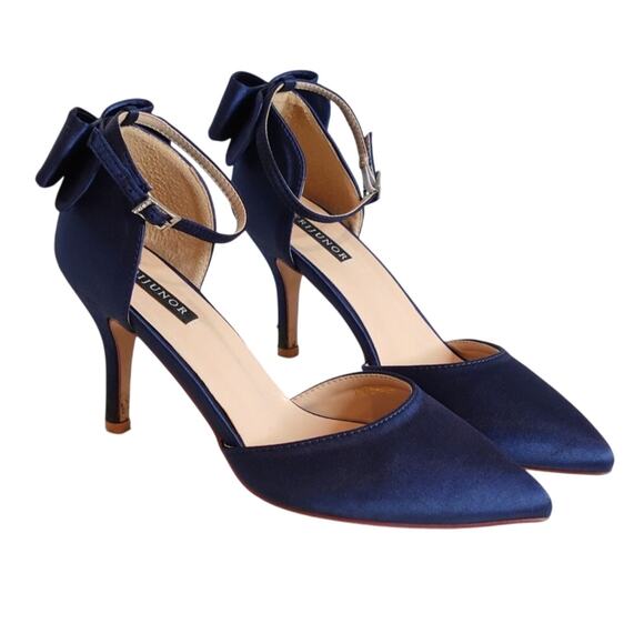 Eri Junor Shoes High Heel Bow Ankle Strap Eve Party Dance Wedding Satin Navy Blue Stiletto